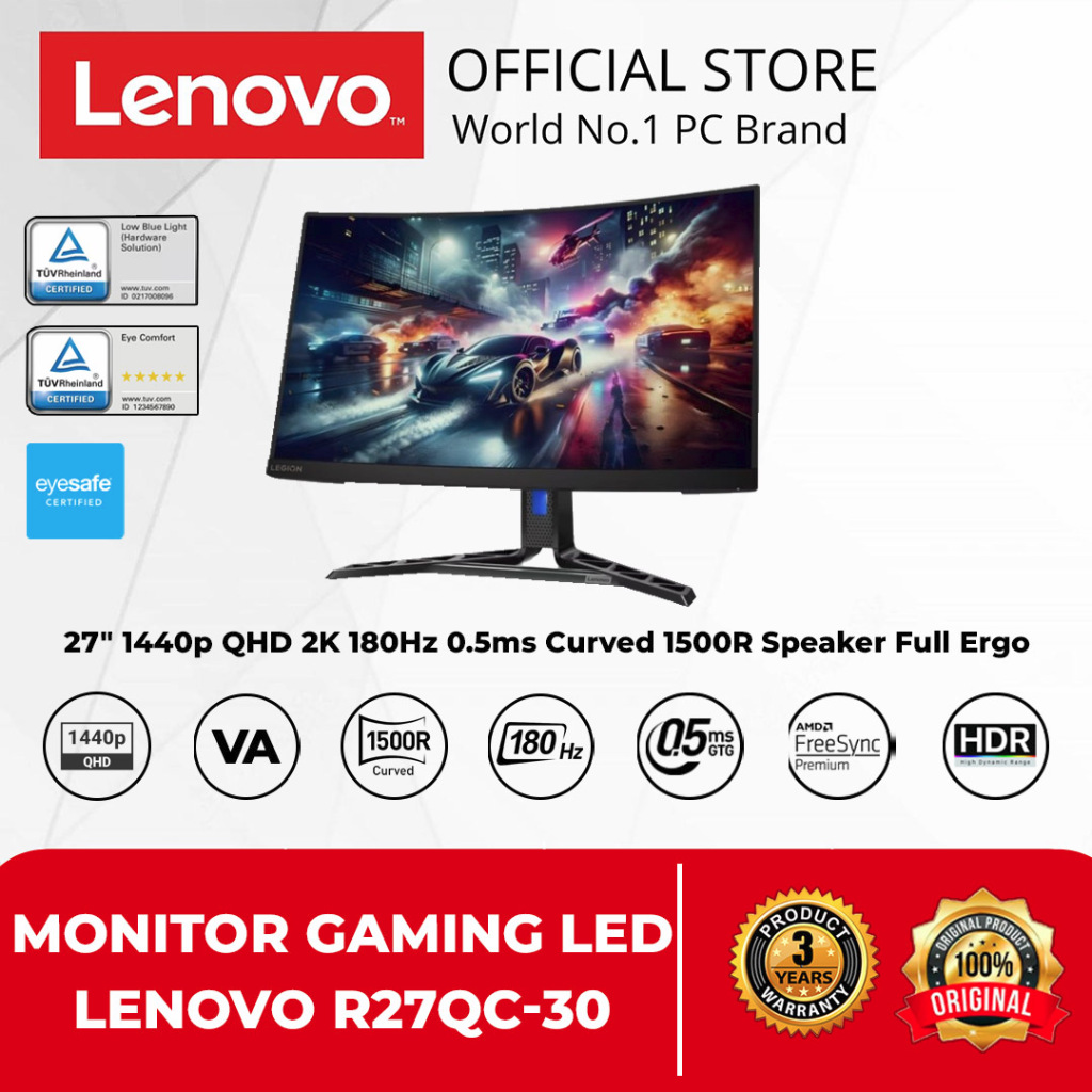 Jual MONITOR GAMING LED LENOVO R27QC-30 27" CURVE 1500R VA 2K QHD 180HZ ...
