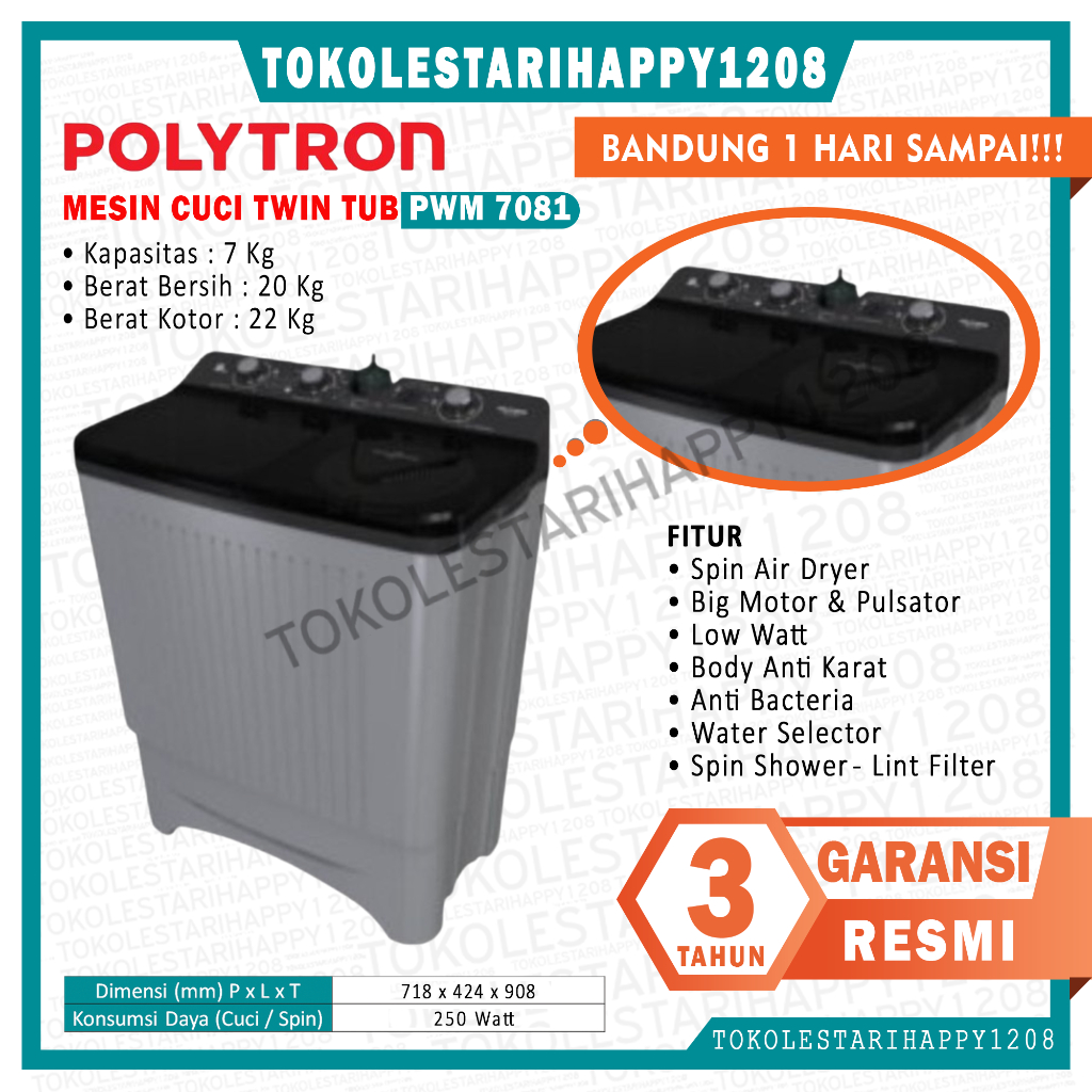 Jual Mesin Cuci 2 Tabung POLYTRON 7-10 Kg PWM 7081/8081/9081/1081 Murah Garansi Resmi | Shopee ...
