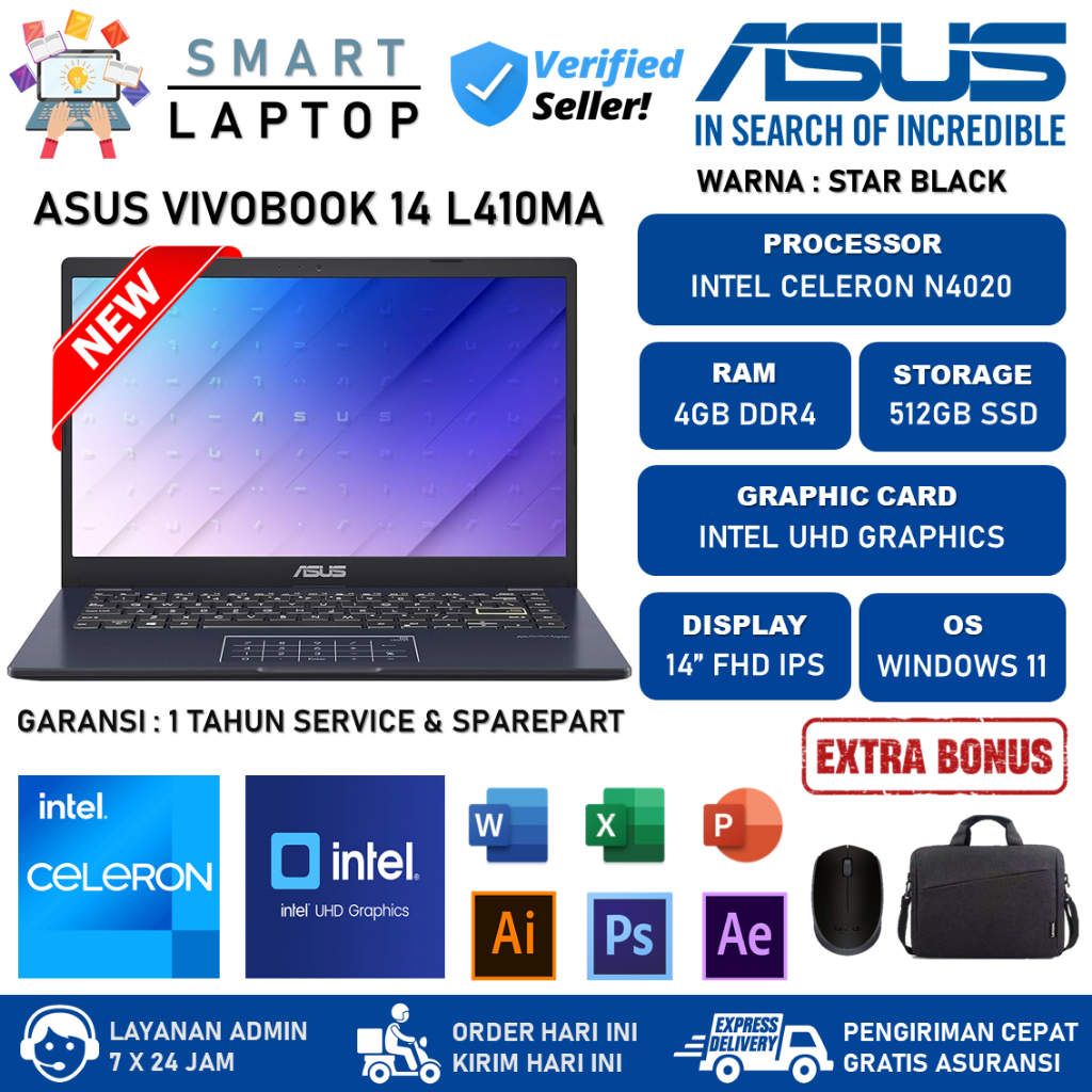 Jual Laptop Asus Vivobook 14 L410MA Intel Celeron N4020 512GB SSD FHD ...