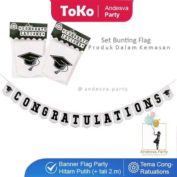 Jual baner wisuda congratulations hitam putih toga / banner graduation ...