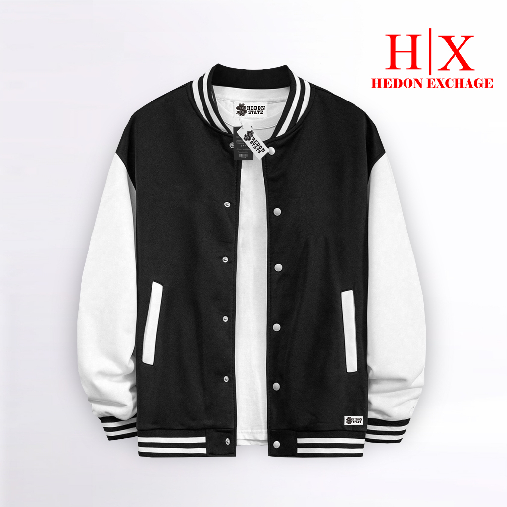 Jual HEDON STATE Jacket Varsity Baseball Kancing Polos Hitam Putih Pria ...