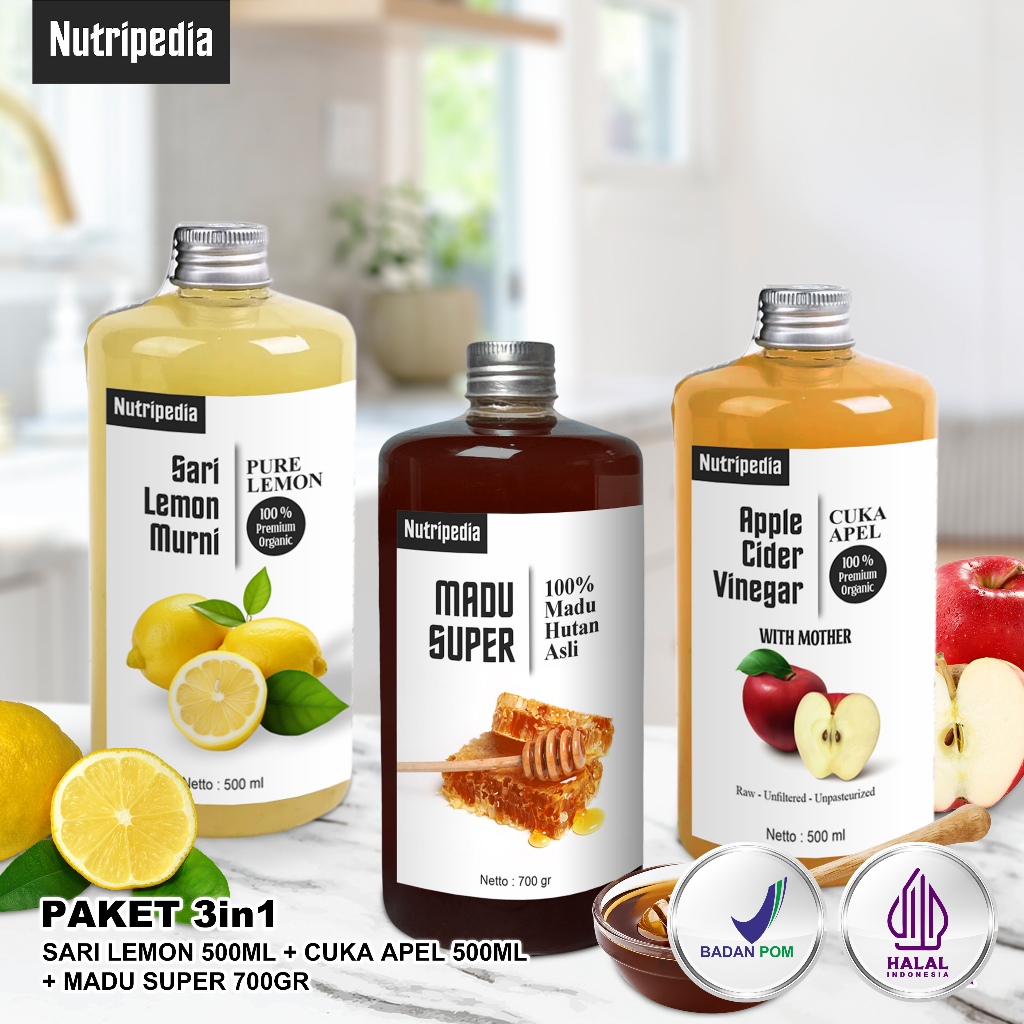 Jual Nutripedia Paket 3in1 - Paket Bundling Madu 700gr, Cuka Apel 500ml, Sari Lemon 500ml ...