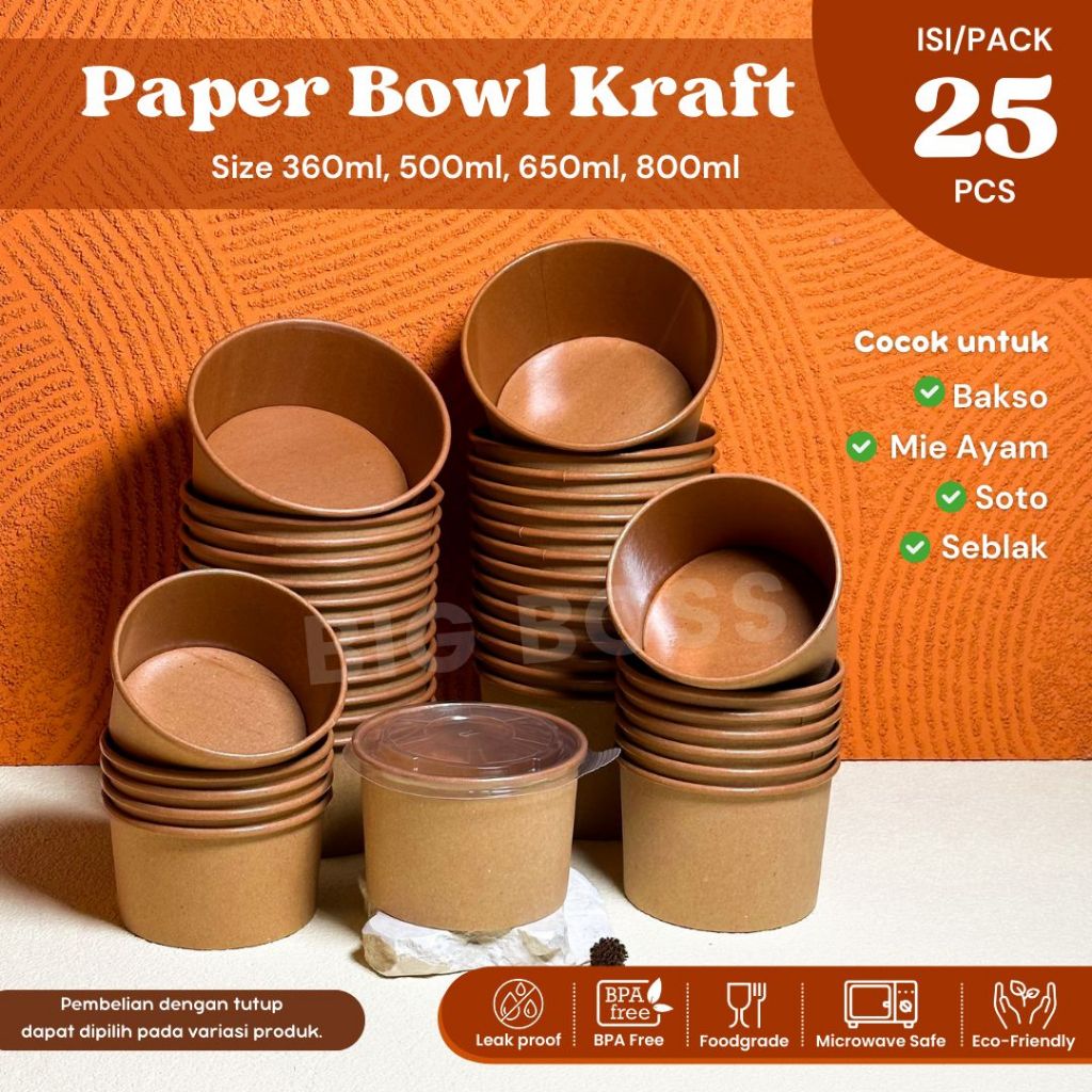 Jual Paper Bowl Kraft Coklat 360ml 500ml 650ml 800ml Laminasi Food Grade / Mangkok Kertas Rice ...