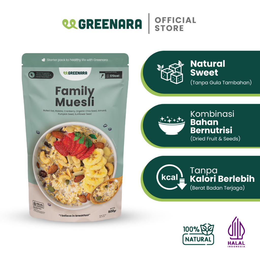 Jual Greenara Natural Family Muesli 500gr (170cal/serv)/ Sarapan Sehat ...