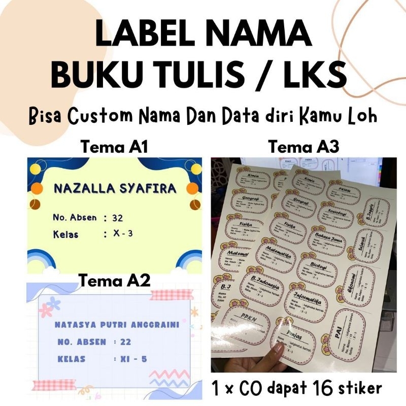 Jual STIKER LABEL NAMA BUKU/LKS CUSTOM MURAH 16pcs | Shopee Indonesia