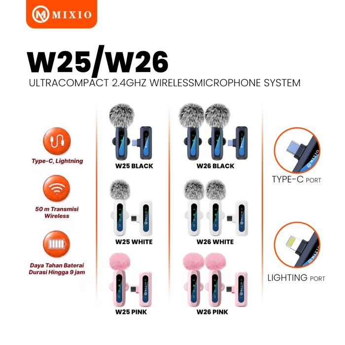 Jual MIXIO W25 W26 Wireless Microphone Mic Wireless Clip on Microphone Mikrofon Lavalier HP Plug ...