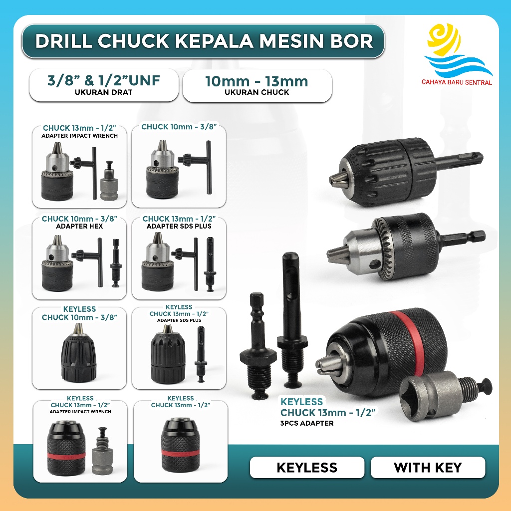 Jual Kepala Bor Drill Chuck 10mm Kepala Mesin Bor Tanpa Kunci Keyless ...