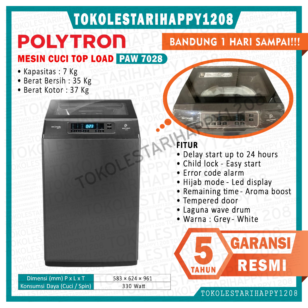 Jual Mesin Cuci 1 Tabung POLYTRON PAW 7028/7029 7 Kg Zeropressure Murah ...