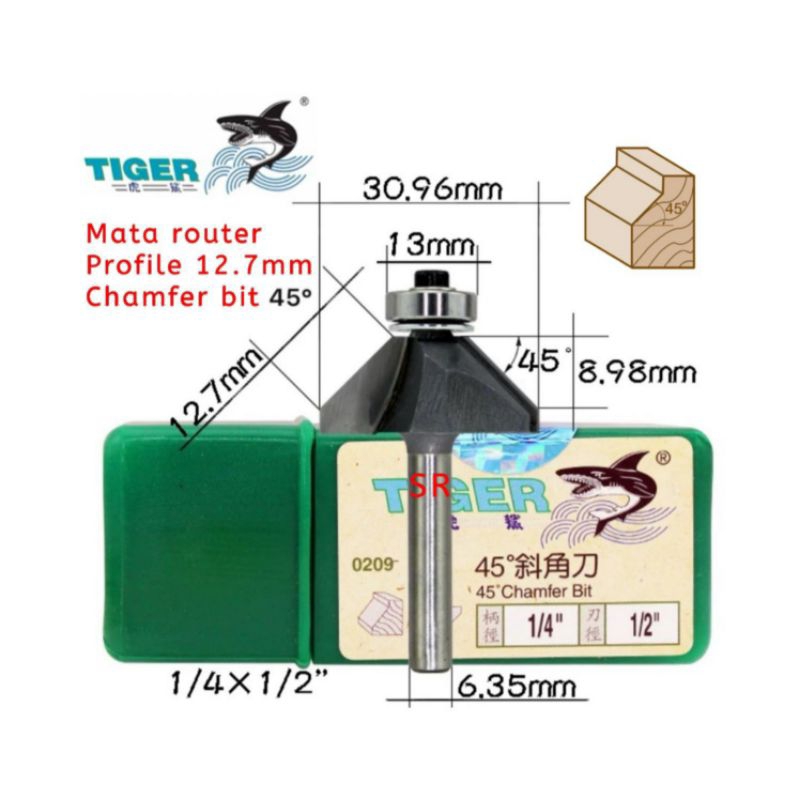Jual Mata Router/ Profil 12mm (1/4 × 1/2) Chamfer Bits 45 Derajat TIGER ...