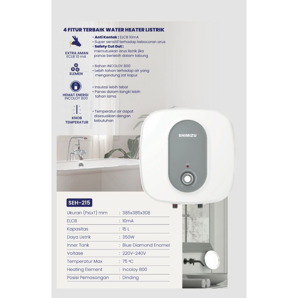 Jual Water Heater Electric Shimizu SEH-215 15L Listrik 350 Watt - Garansi Resmi Shimizu ...
