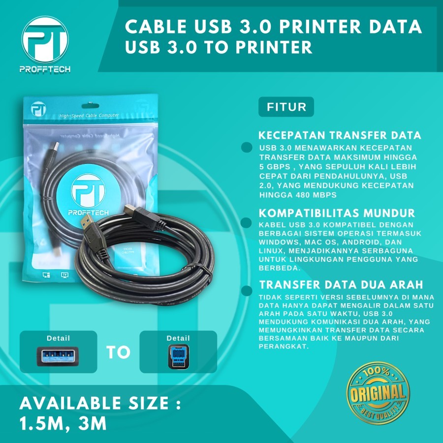 Jual Kabel Usb Printer 3.0 Profftech 3 Meter | Shopee Indonesia