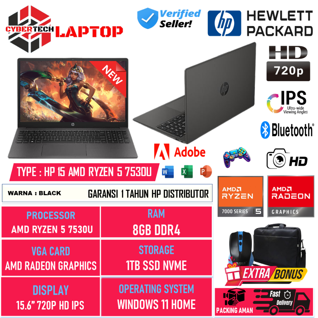 Jual Laptop HP 15 Amd Ryzen 5 7530U 8GB DDR4 1TB SSD Amd Radeon ...
