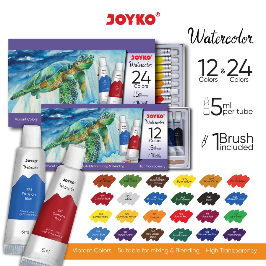 Jual TBMO Watercolor WC-4 Joyko Set 24 Warna Cat Air Tube 12 Warna 24 ...