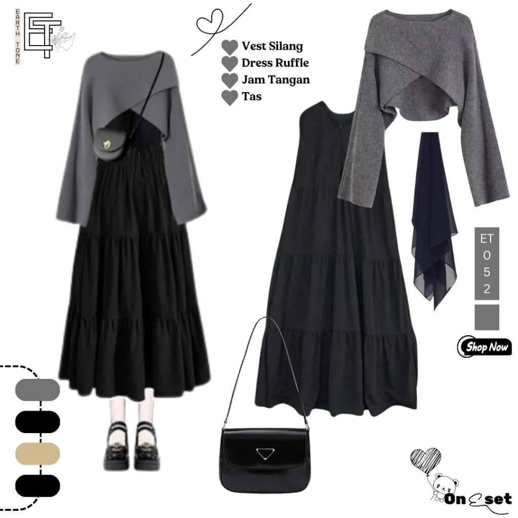 Jual One Set Korean Style - Vest Rajut + Dress Ruffle + Tas Selempang ...