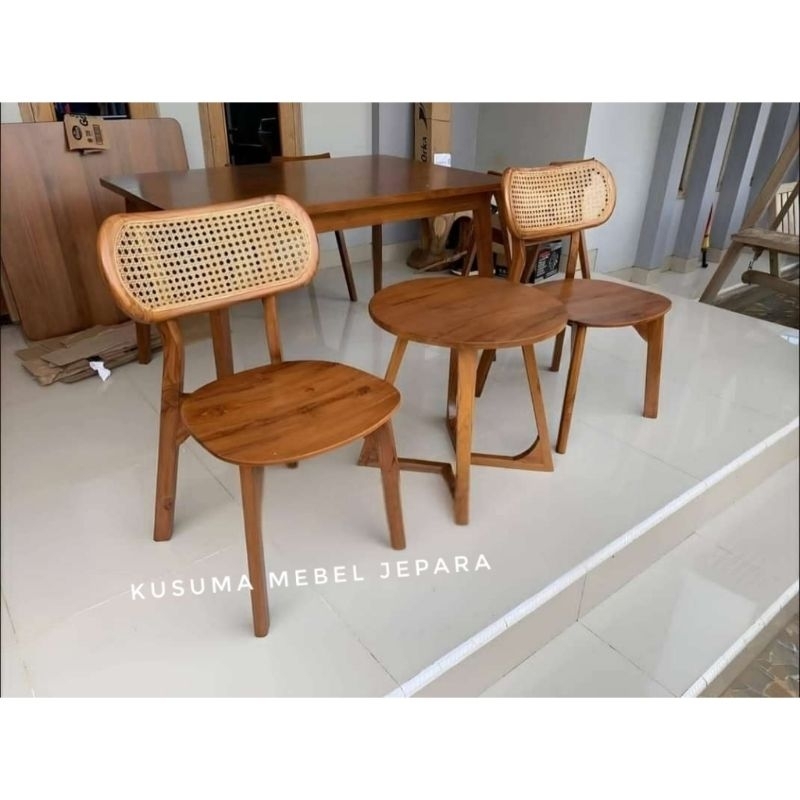 Jual Set Meja Kursi Teras Model Ropan Kacang Minimalis Kayu Jati Kombinasi Rotan (1 Meja 2 Kursi ...