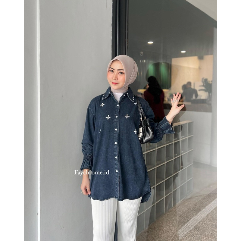 Jual Raline Kemeja Jeans Wanita Atasan Jeans Payet Lengan Panjang ...