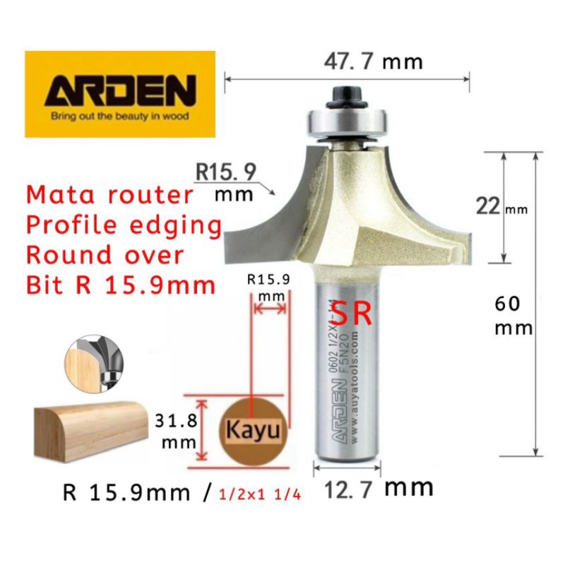 Jual Mata Profil/ Router Round Over Bits 16mm (1/2 × 1-1/4) As 1/2 Inch ...