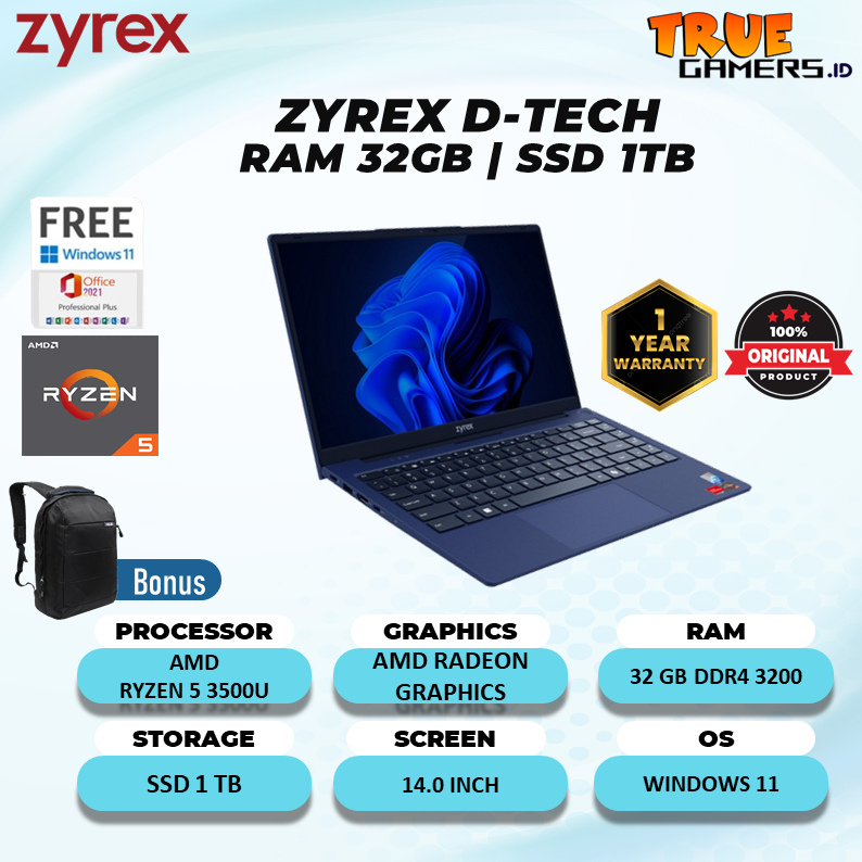 Jual Laptop Zyrex D-TECH RYZEN 5 3500U 32GB 1TB Windows 11 + Free Install Office 14 Inch Garansi ...