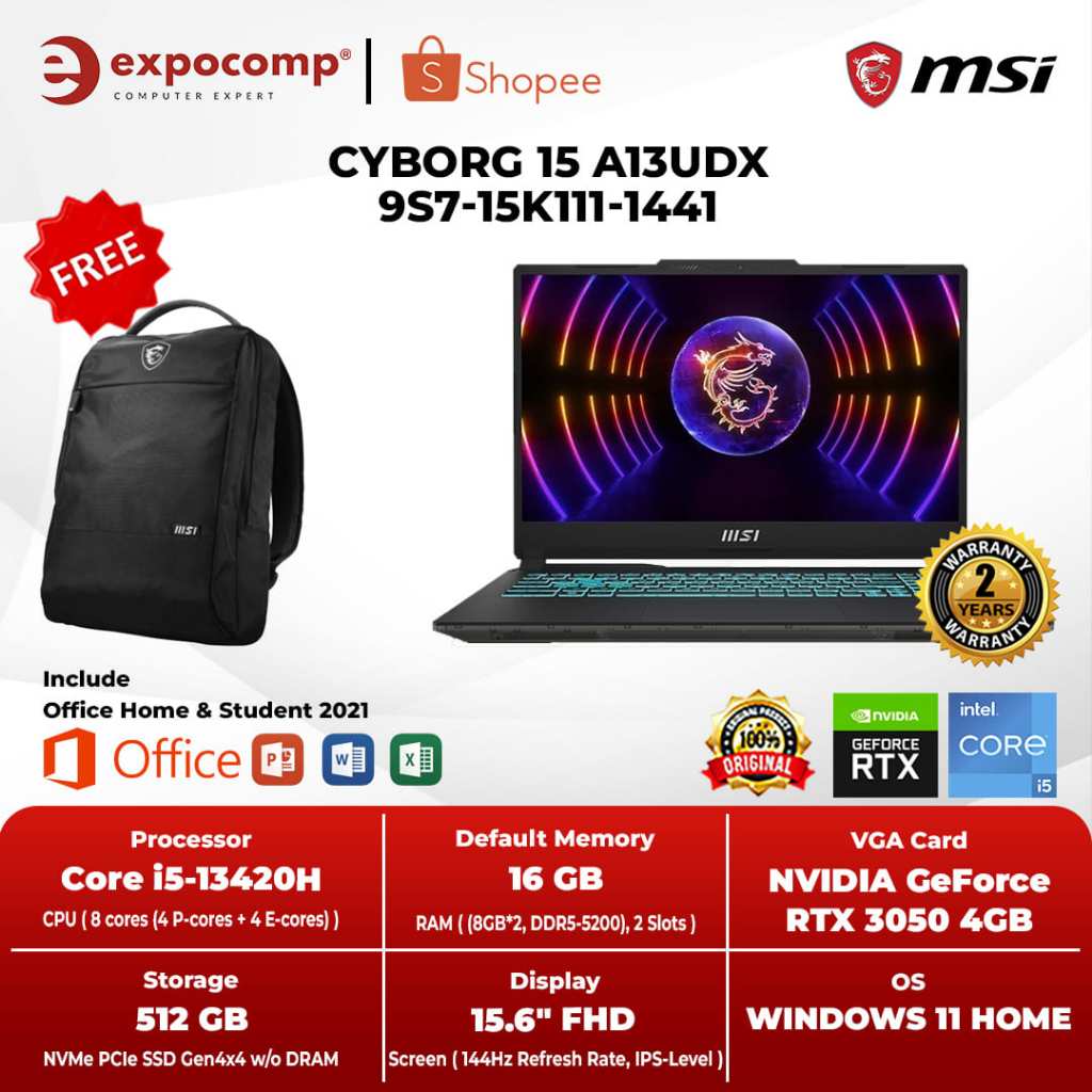 Jual MSI GAMING CYBORG 15 A13UDX 9S7-15K111-1441 CORE i5-13420H 16GB 512GB RTX 3050 4GB W11 ...