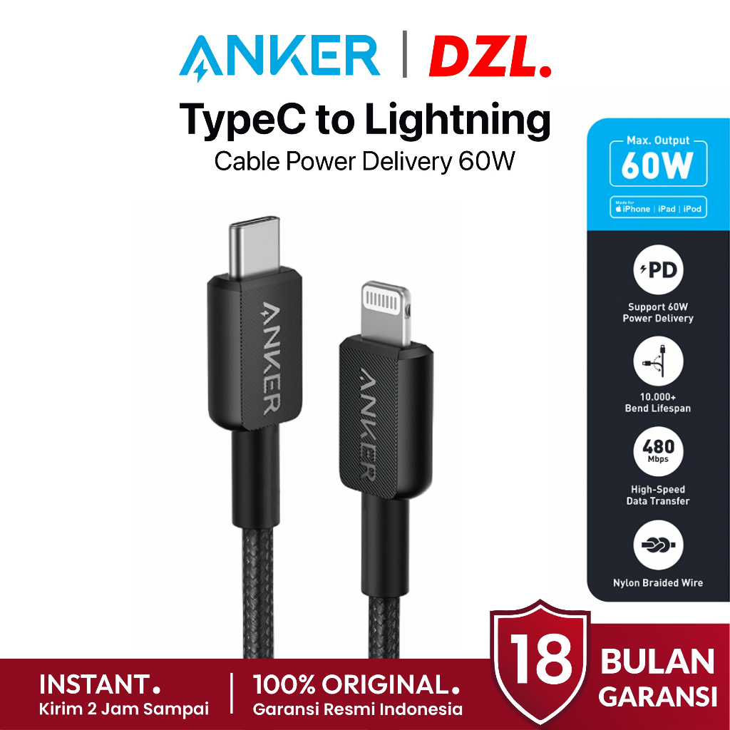 Jual DZL - ANKER Kabel Data Type C to Lightning PD 60W 3ft Braided Fast ...