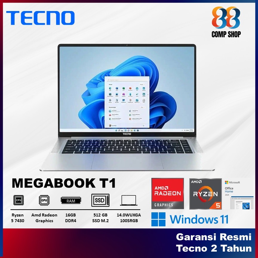 Jual Laptop Tecno megabook T1 14 AMD RYZEN 5 7430 16GB 512GB W11 14 ...