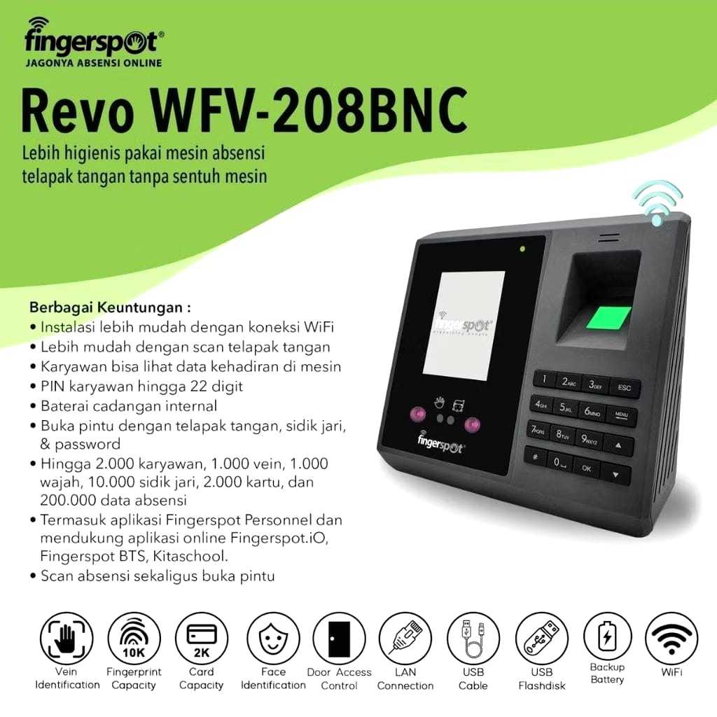 Jual Mesin Absensi Wifi Fingerspot Revo WFV 208BNC scan absen sidikJari ...