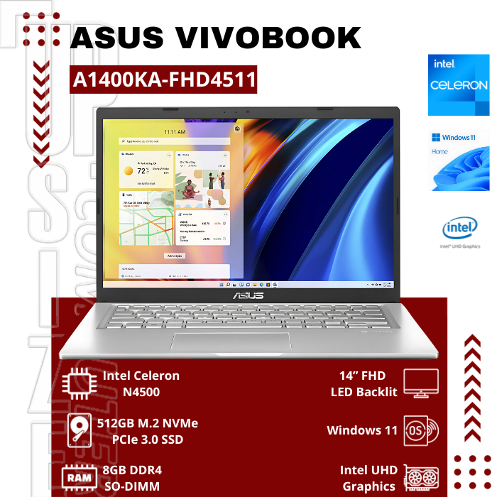 Jual LAPTOP ASUS VIVOBOOK 14 A1400KA-FHD4511 | N4500 8/512 UHD 14" W11 ...