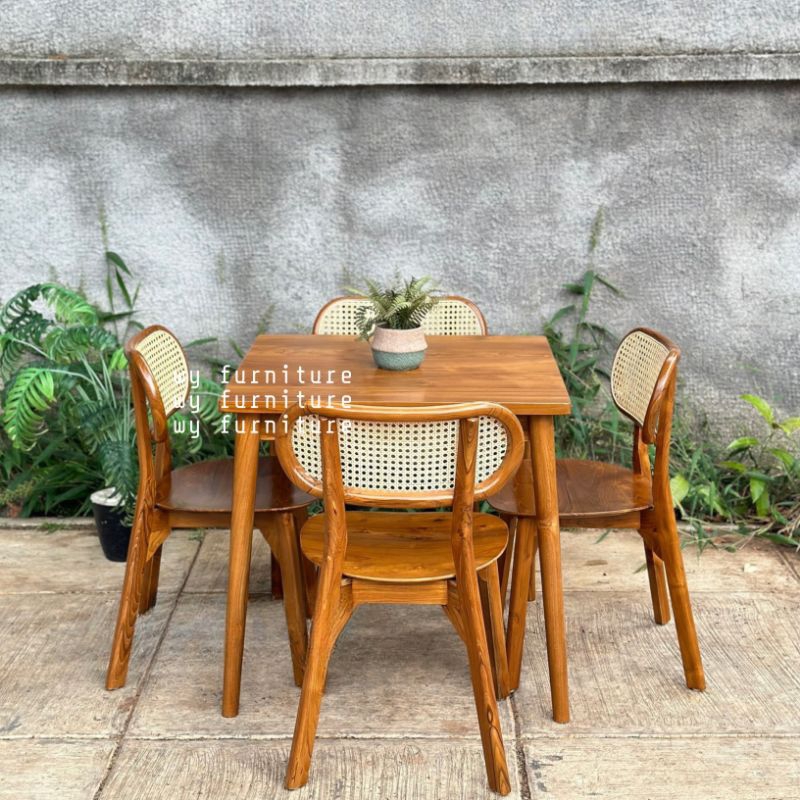 Jual Meja makan cafe set 4 kursi minimalis kayu jati rotan, meja cafe kayu jati | Shopee Indonesia