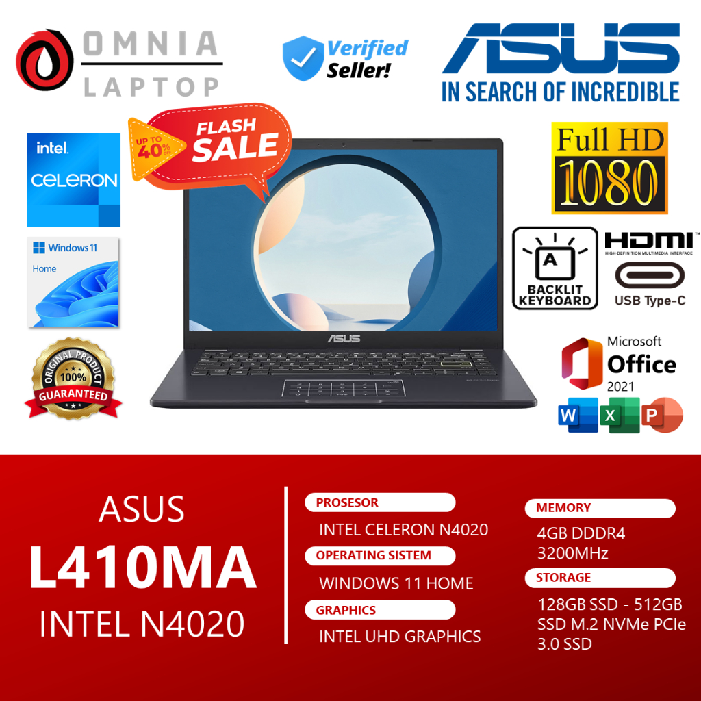 Jual LAPTOP ASUS VIVOBOOK 14 L410MA INTEL N4020 RAM 4GB 512GB SSD 14.0 ...