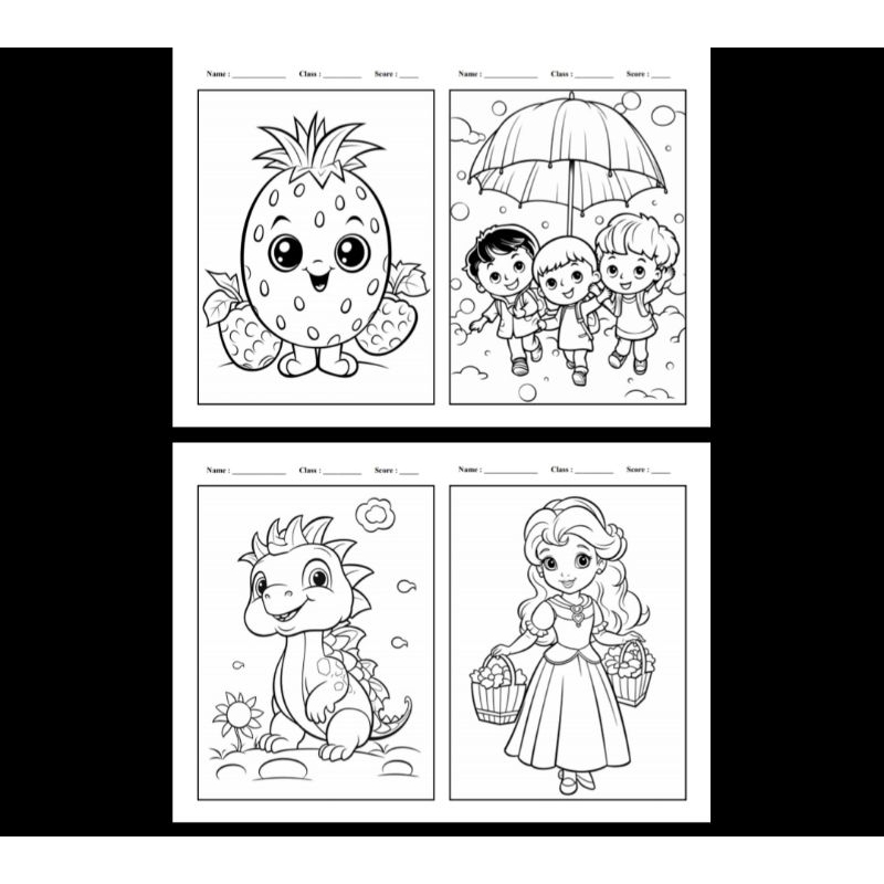 Jual Gambar mewarnai Random, satu lembar kertas A4 terdapat dua sketsa ...