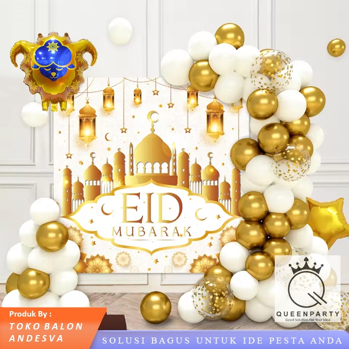 Jual set dekor eid mubarak Putih Gold / paket dekor balon lebaran ...