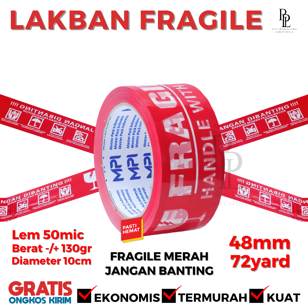 Jual Lakban FRAGILE Merah / Putih 45mm x 100 yard | Solasi Logo / Tanda ...