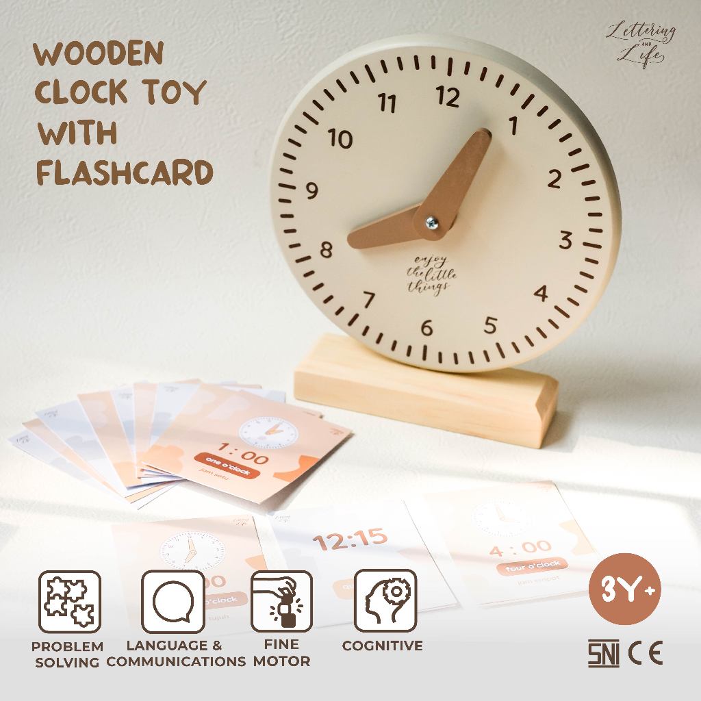 Jual Lettering and Life Wooden Clock Toy with Flashcards - Mainan Kayu ...