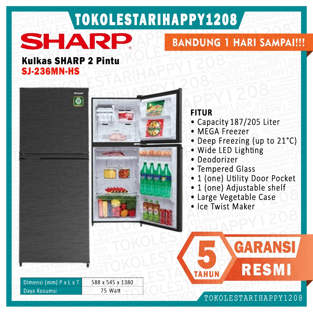 Jual Kulkas 2 Pintu Sharp 205 Liter SJ-236MN-HS No Frost Murah Garansi ...