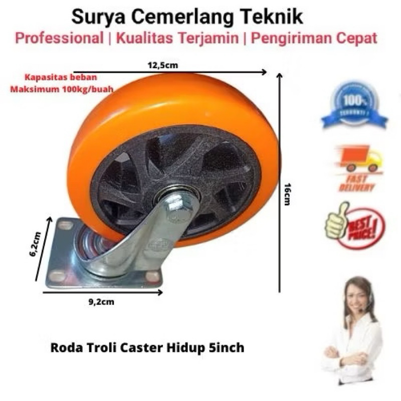 Jual Roda PVC PU Troly Troli caster 5inch hidup orange roda trolley ...