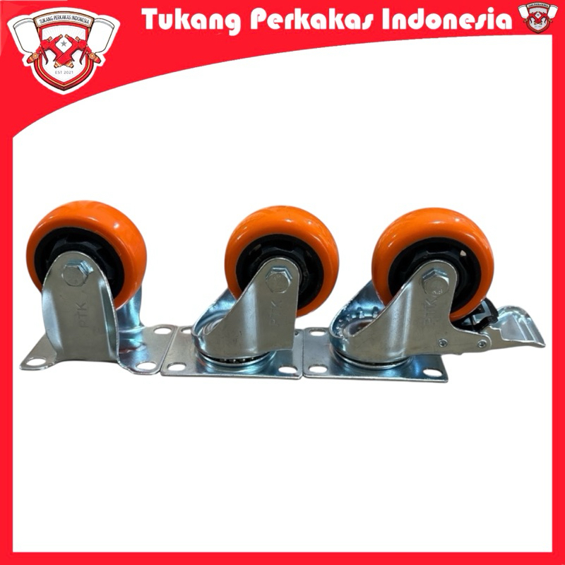 Jual Roda Pu orange 3 inch hidup mati Rem Roda troli pvc roda nilon ...