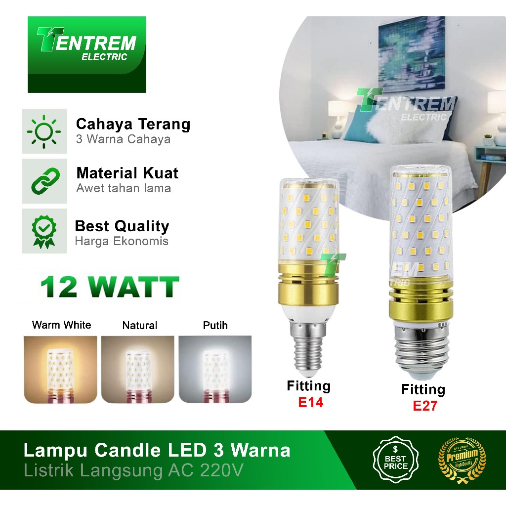 Jual Lampu LED Candle Corn Bulb 12W 3 Warna Cahaya Fitting E27 E14 - Terang, Hemat Listrik ...
