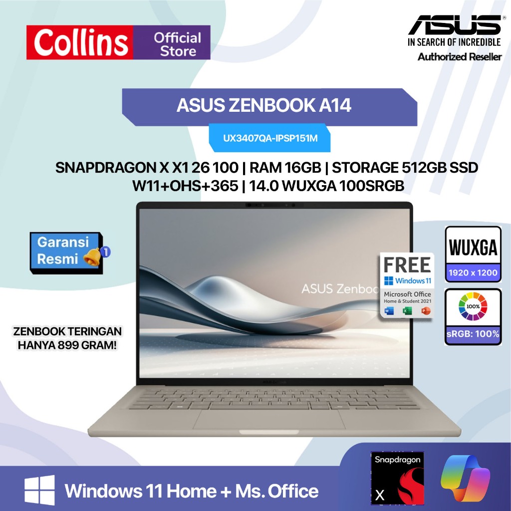 Jual ASUS ZENBOOK A14 SNAPDRAGON X X1 26 100 16GB 512GB 899 GRAM 14 ...