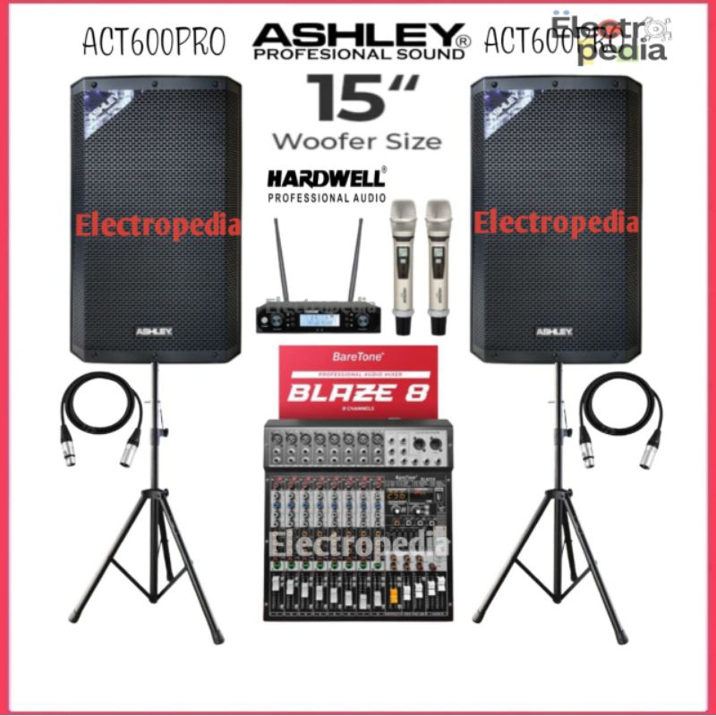 Jual Paket Sound System Speaker Aktif 15Inch Ashley ACT600Pro Mixer 8ch Baretone Mic Wireless ...