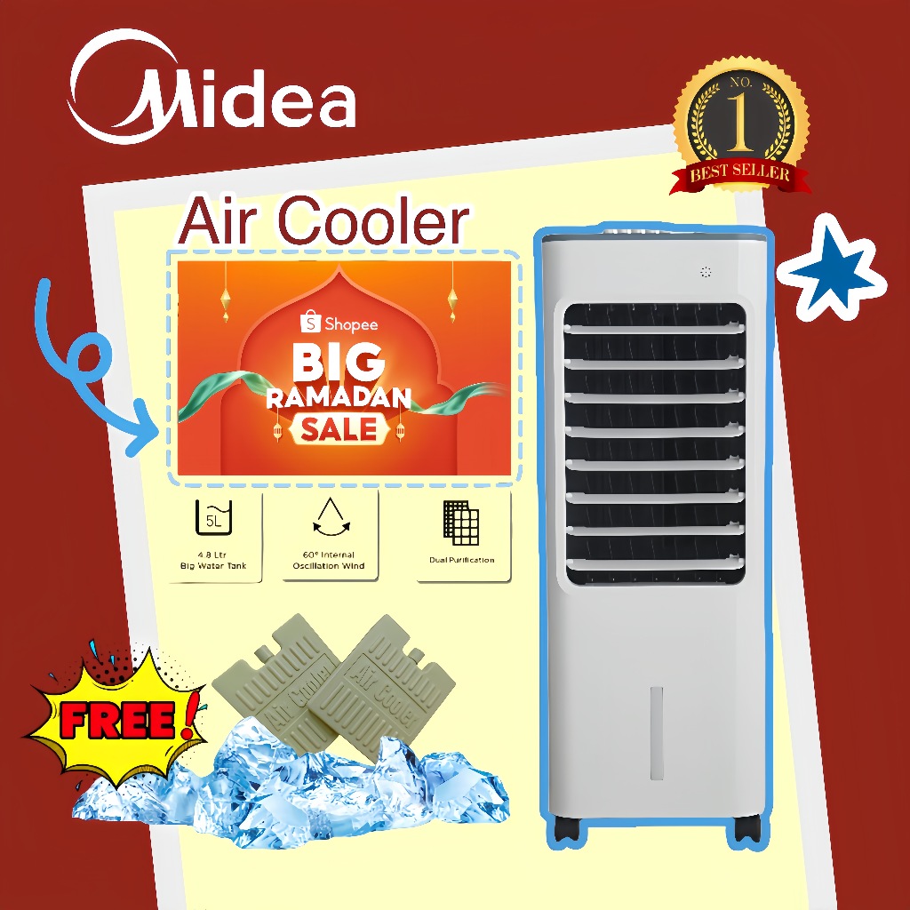 Jual Free Gift Midea Air Cooler 4.8L AC100-18B 3-in-1 Free Ice Pack ...