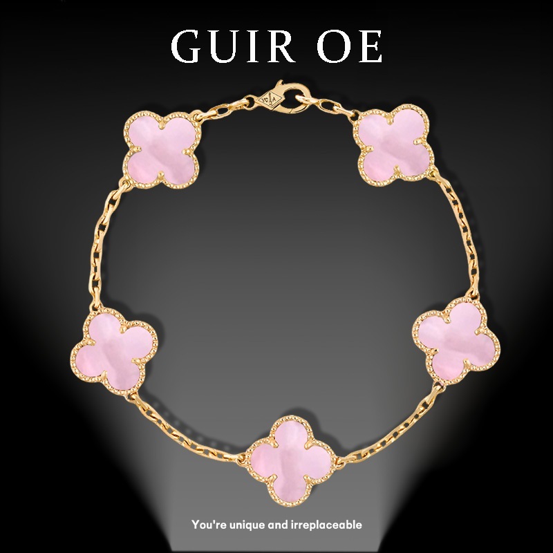 Jual Gelang mutiara emas 17K semanggi merah muda, gelang Clover untuk ...
