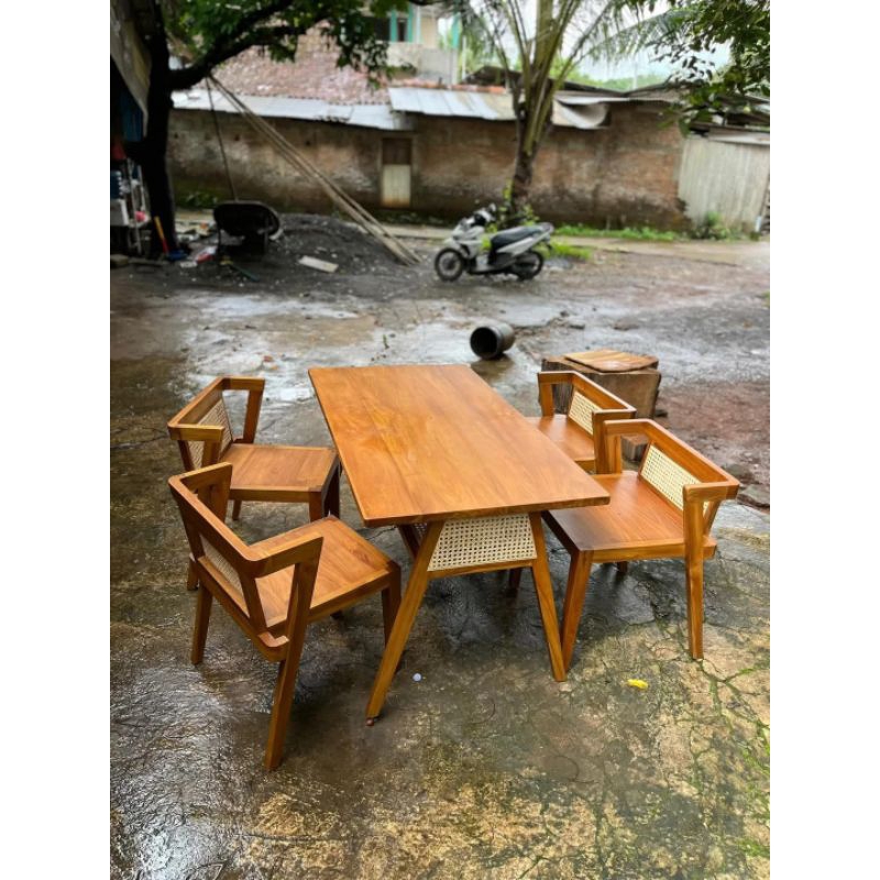 Jual meja makan set 4 kursi minimalis. meja makan rotan | Shopee Indonesia