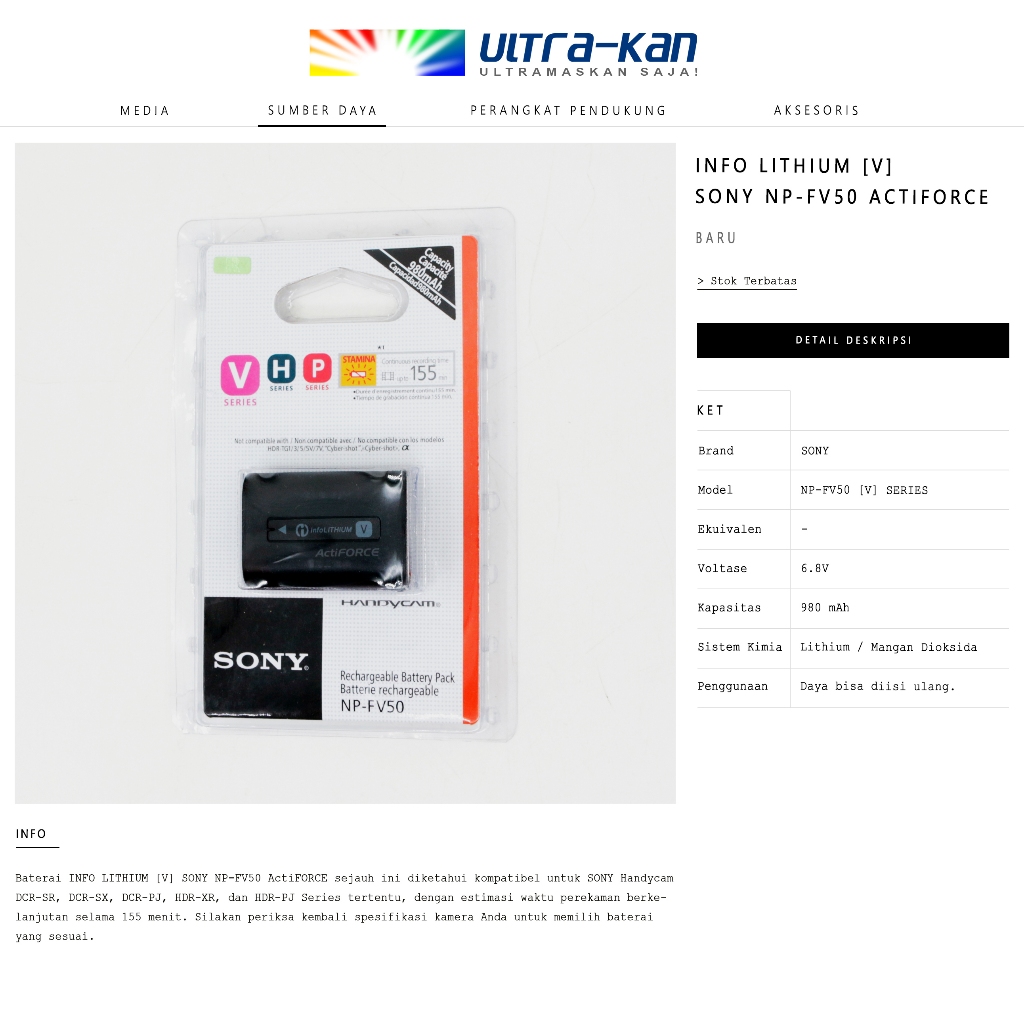Jual BATTERY PACK INFO LITHIUM V SONY NP-FV50 ACTIFORCE - Baterai Kamera Video Digital SONY ...