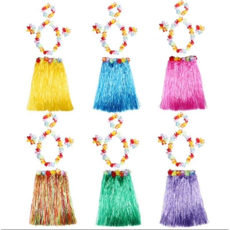 Jual kostum pakaian rok hawai rumbai warna warni hula kalung bunga ...