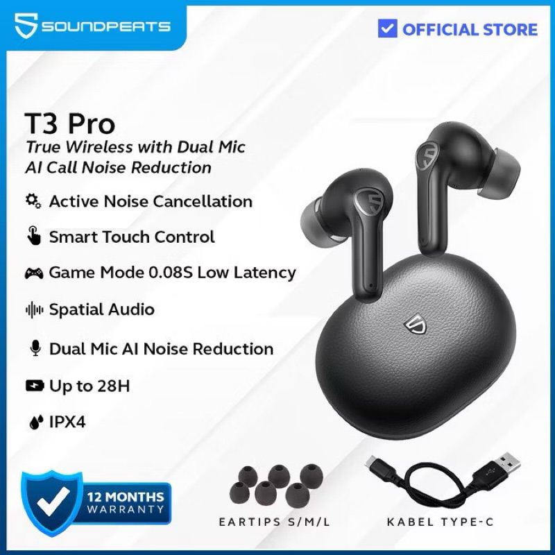 Jual Soundpeats T3 Pro ANC Noise Cancelling Earphone Bluetooth TWS True ...