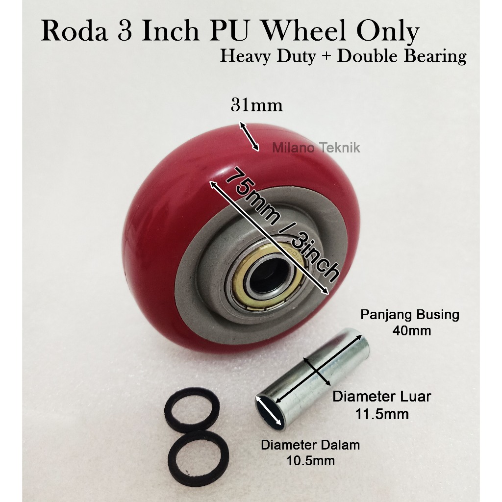Jual Roda 3 inch PU Wheel Only Heavy Duty+Double Bearing/Caster Wheel ...
