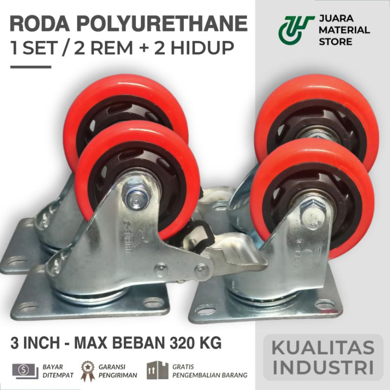 Jual [4 PCS] Roda Trolly 3 inch 75 mm PU Medium Duty (2 Rem + 2 Hidup ...