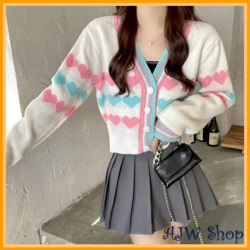 Jual AJW Cardigan Crop Candy Heart Knit Premium WBW | Atasan Wanita Korean Style Crop Candy ...