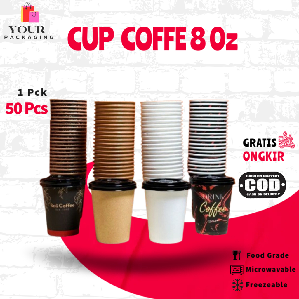 Jual Paper Cup Gelas Kopi 8 Oz Tahan Panas Teh Susu Milo Putih Coklat Isi 50Pcs your packaging ...