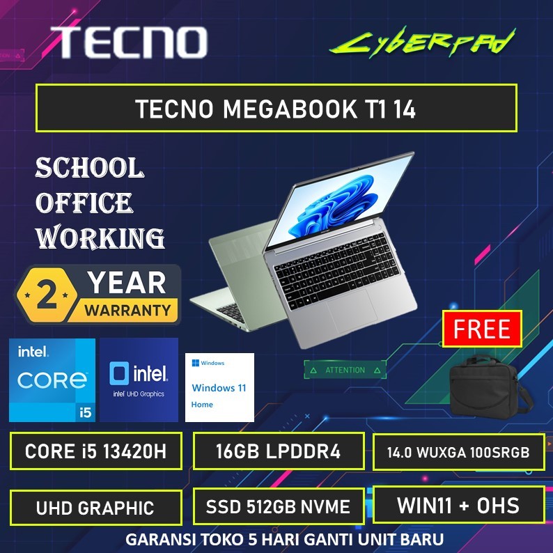 Jual TECNO MEGABOOK T1 14 I9 13900HK 16GB 512GB 14" WUXGA sRGB 100% Iris XE W11 | Shopee Indonesia